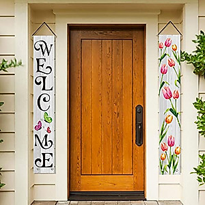 AVOIN Spring Welcome Tulip Wood Porch Sign, Butterfly Holiday Wedding Anniversary Mother's Day Hanging Banner Flag for Yard Indoor Outdoor Wedding Party 12 x 72 Inch