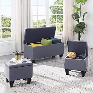 Tassullo Hinged Storage Ottoman Set of 3, 38'' Living Room Storage Bench with Thick Seating, 2pcs Small Square Dorm Stool Couch Side Foot Rest