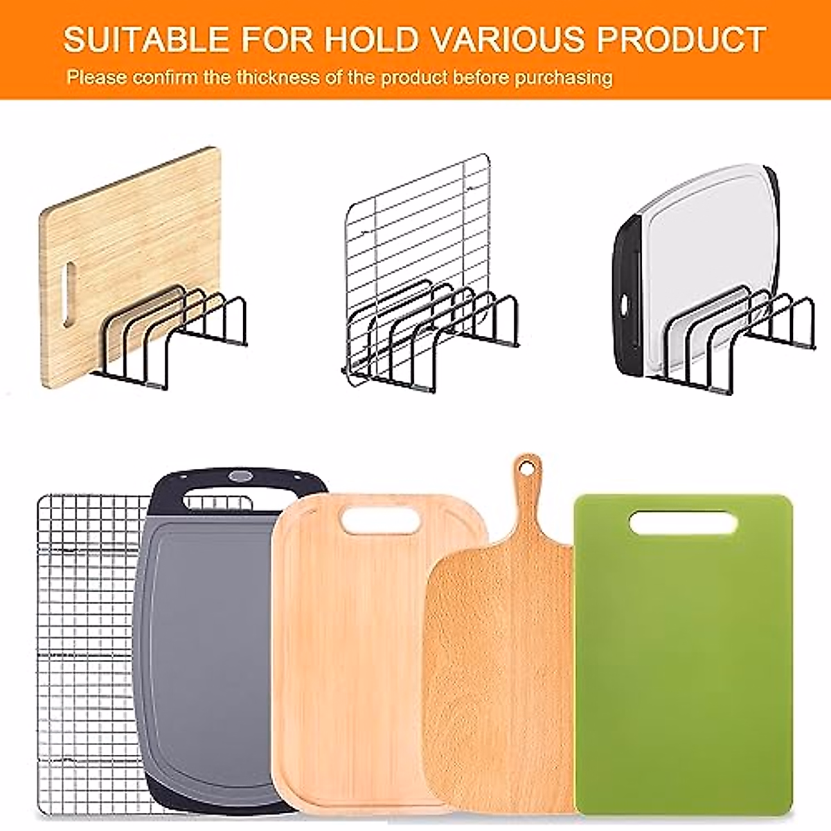 Cutting Board Organizer 2 Pack, Compact Chopping Board Storage Rack for Cabinet, Kitchen Countertop Pan Pot Lids Stand Holder Organizer for Baking Sheets, Flat Plate (0.6 Inch Width Slots)