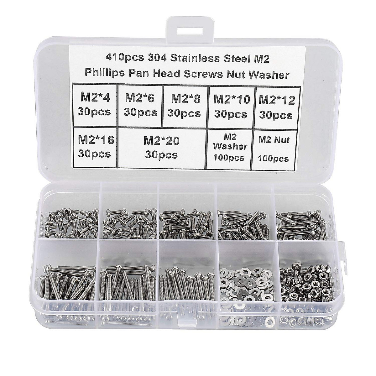 HanTof 410Pcs Tiny Phillips Pan Head Machine Screws Bolts, 18-8 Stainless Steel, M2 x 4/6/8/10/12/16/20mm, Micro/Mini Round Head Screws Nuts and Washers Assortment Kit, Fully Threaded Pitch: 0.4mm