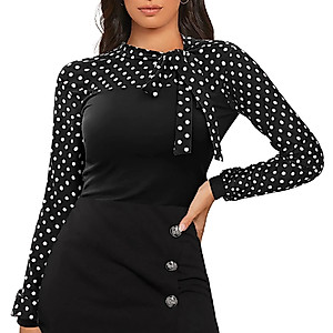 Zeagoo Womens Blouses Sexy Work Tops Bow Tie Blouse Shirt Office, Black Polka Dot, Medium, Lantern Sleeve