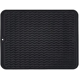 Silicone Dish Drying Mat, Non-Slip Easy Clean Sink Mat Large Heat-resistant Dish Drainer Mat for Kitchen Counter, Sink, Refrigerator or Drawer liner (16" x 12", BLACK)