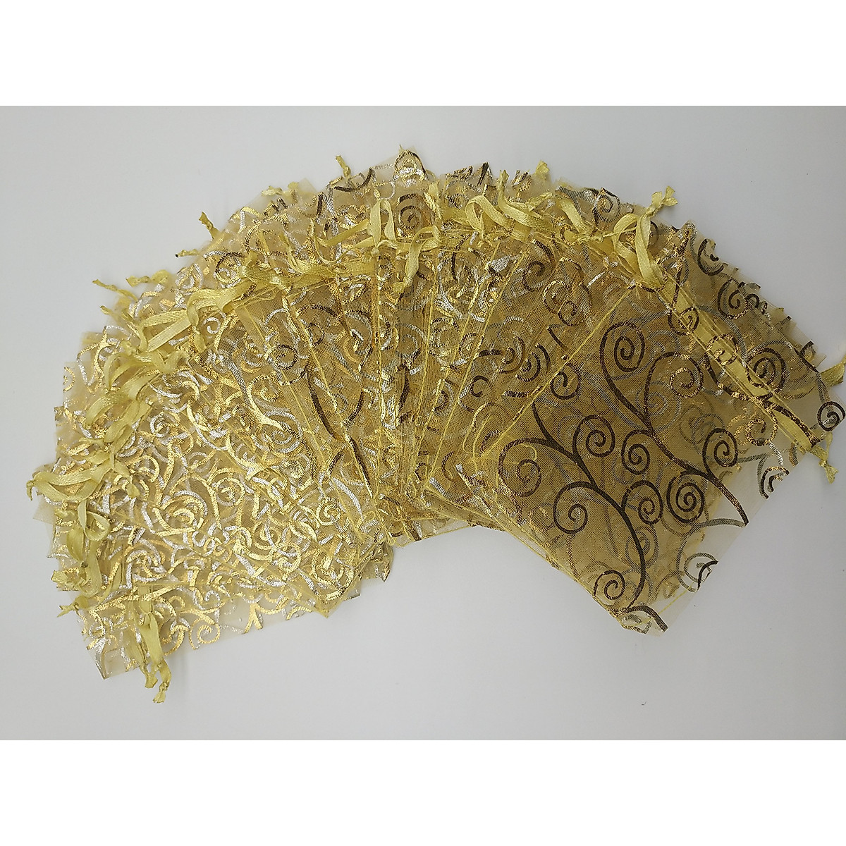 Ankirol 100pcs Sheer Organza Favor Bags For Wedding Baby Shower Rattan Print Gift Bags Samples Display Drawstring Pouches (3x4 inch, gold)