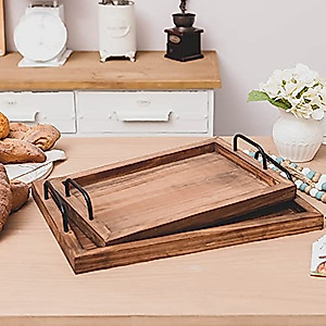 Ottoman Tray with Handles Set of 2 Serving Tray for Coffee Table Decorative Tray Rustic Rectangular Tray for Food Dinner Breakfast Kitchen Bedroom Living Room Housewarming Gift, Large & Small, Brown