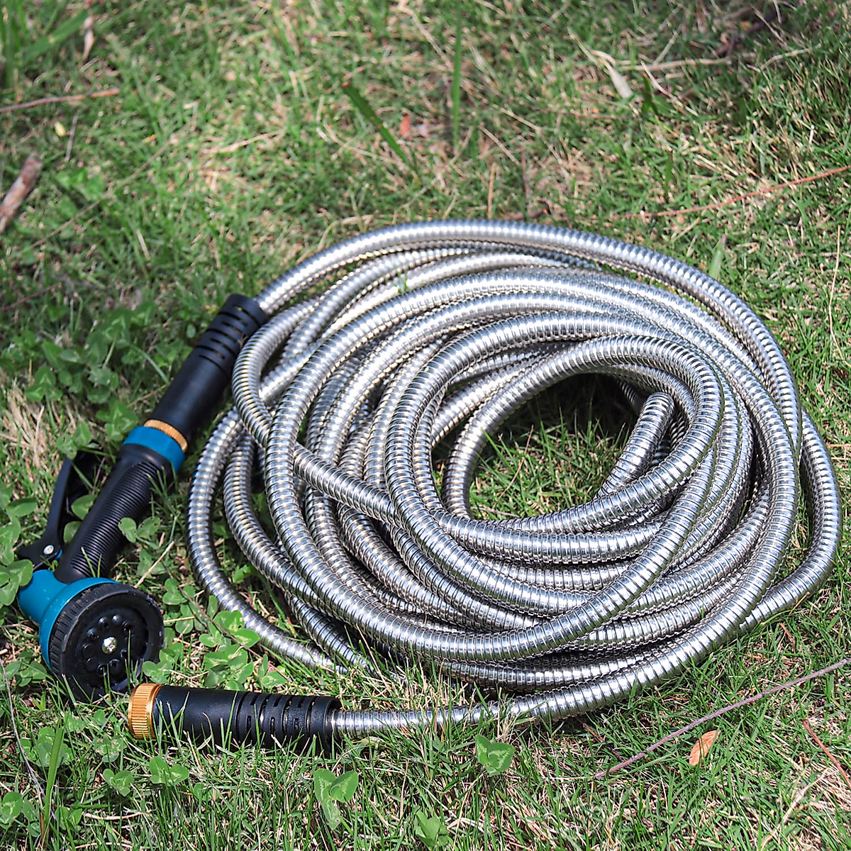 Besiter Garden Hose 50FT Stainless Steel Water Hose with 10 Functions Adjustable Spray Nozzle, Heavy-Duty Metal Garden Hose Flexible Durable No-Tangle & Kink Leak Dog Proof Hose for Yard Lawn(Blue)