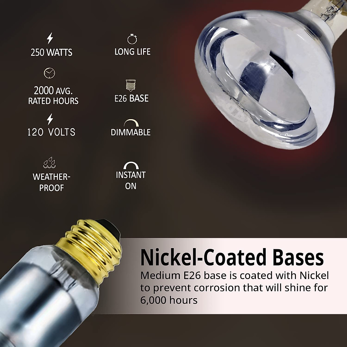 BULBMASTER 250 Watt Heat lamp Bulb for Bathroom R40 Incandescent Shower Heat Lamp Clear Infrared Bath Light 250R40 Chicken Light Bulb E26 Base 2 Pack