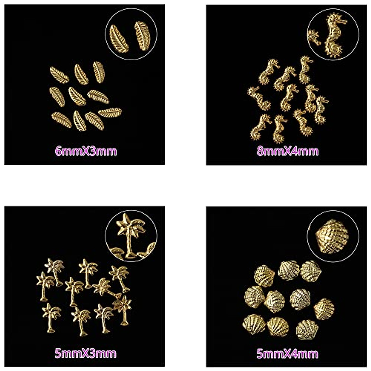 12Styles Nail Art Metal Studs Gold Metallic 3D Pieces Rivet Palm Tree Turtles Marine Life Charms for Summer Beach Ocean Manicure DIY Acrylic Nails Design Supply (Gold Ocean Studs)