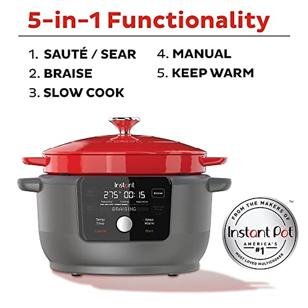 Instant Pot, 6-Quart 1500W Electric Round Dutch Oven, 5-in-1: Braise, Slow Cook, Sear/Sauté, Cooking Pan, Food Warmer, Enameled Cast Iron, Free App With 50 Recipes, Perfect Wedding Gift, Red