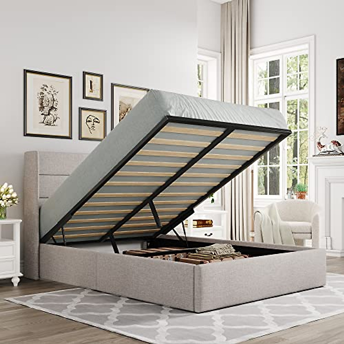 Allewie Queen Size Lift Up Storage Bed, Modern Wingback Headboard, No Box Spring Needed, Hydraulic Storage, Light Beige