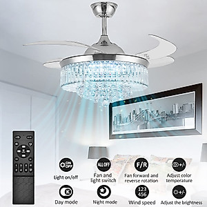 Panghuhu88 42" Invisible Ceiling Fan Chandelier Light,Modern Crystal Ceiling Fan Light Remote Control 4 Retractable ABS Blades for Bedroom Living Room Dining Room Decoration