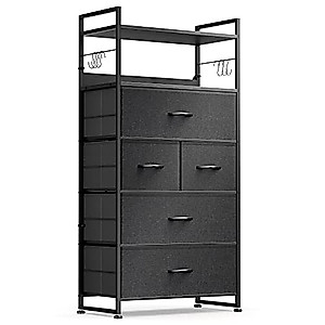 Lulive Dresser, Chest of Drawers, 5 Drawers Dresser for Bedroom, Hallway, Entryway, Storage Organizer Unit with Cationic Fabric, Sturdy Metal Frame, Wood Tabletop, Easy Pull Handle (Dark Grey)