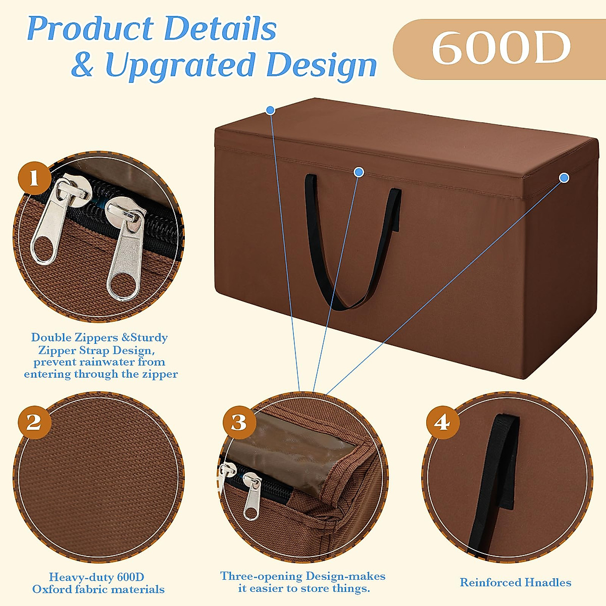 Huhumy 4 Pack Patio Cushion Storage Bags 65Inch 600D Oxford Water Resistant Extra Large Bag for Outdoor Patio Furniture Cover Storage Bag with Handles and Zipper, 65 x 20 x 28 Inch(Brown)