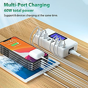 USB C Charging Station, Desktop Smart Multi Port USB Charging Station with LCD Display for Multiple Devices, 8 Ports 60W/12A USB Charger Station for iPad iPhone Android Phone and Tablet (White)