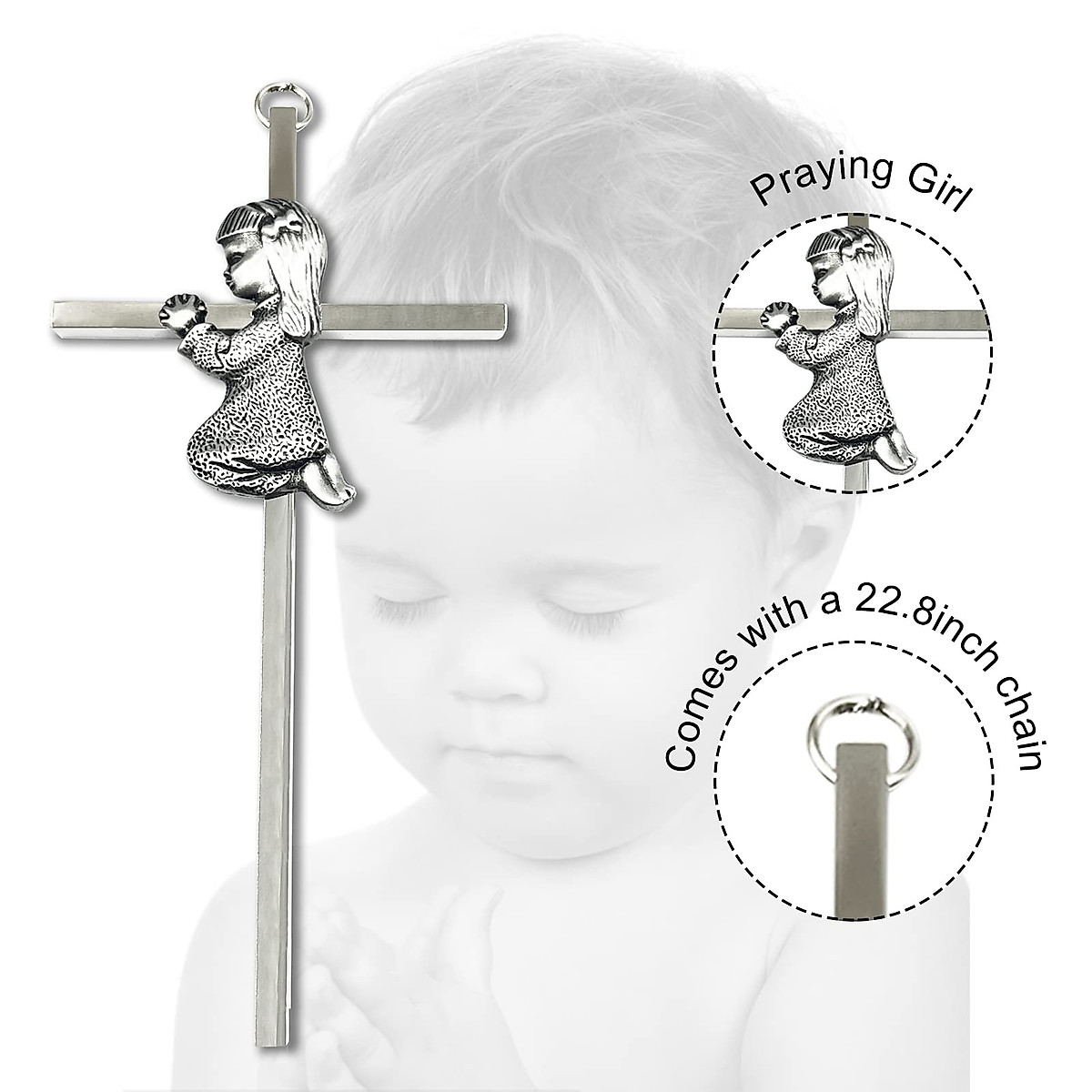 Wall Cross Baptism Gifts Baptism 1st Holy Communion Christening Decoration Silver Baby Wall Cross Baptism Gifts for Girl Baptism, Baby Shower, Birthday, Silver Cross with Praying Girl