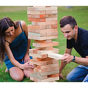 CELETOY Giant Tower Game with 3-in-1 Straightener, Quick Set-up Block Wooden Tower Game Set with Carrying Bag, Table & Storage Box - Starts at 2-4ft - Grows to Over 6ft, Lawn Games Backyard Outdoor