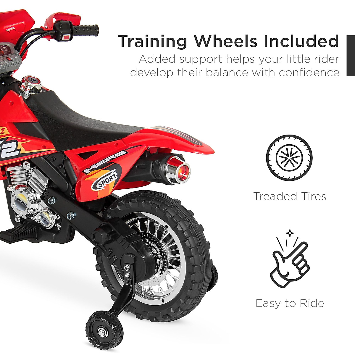 Best Choice Products Kids 6V Ride On Motorcycle w/Treaded Tires, Working Headlights, 2mph Top Speed, Training Wheels, Realistic Sounds, Music, Battery Charger - Red