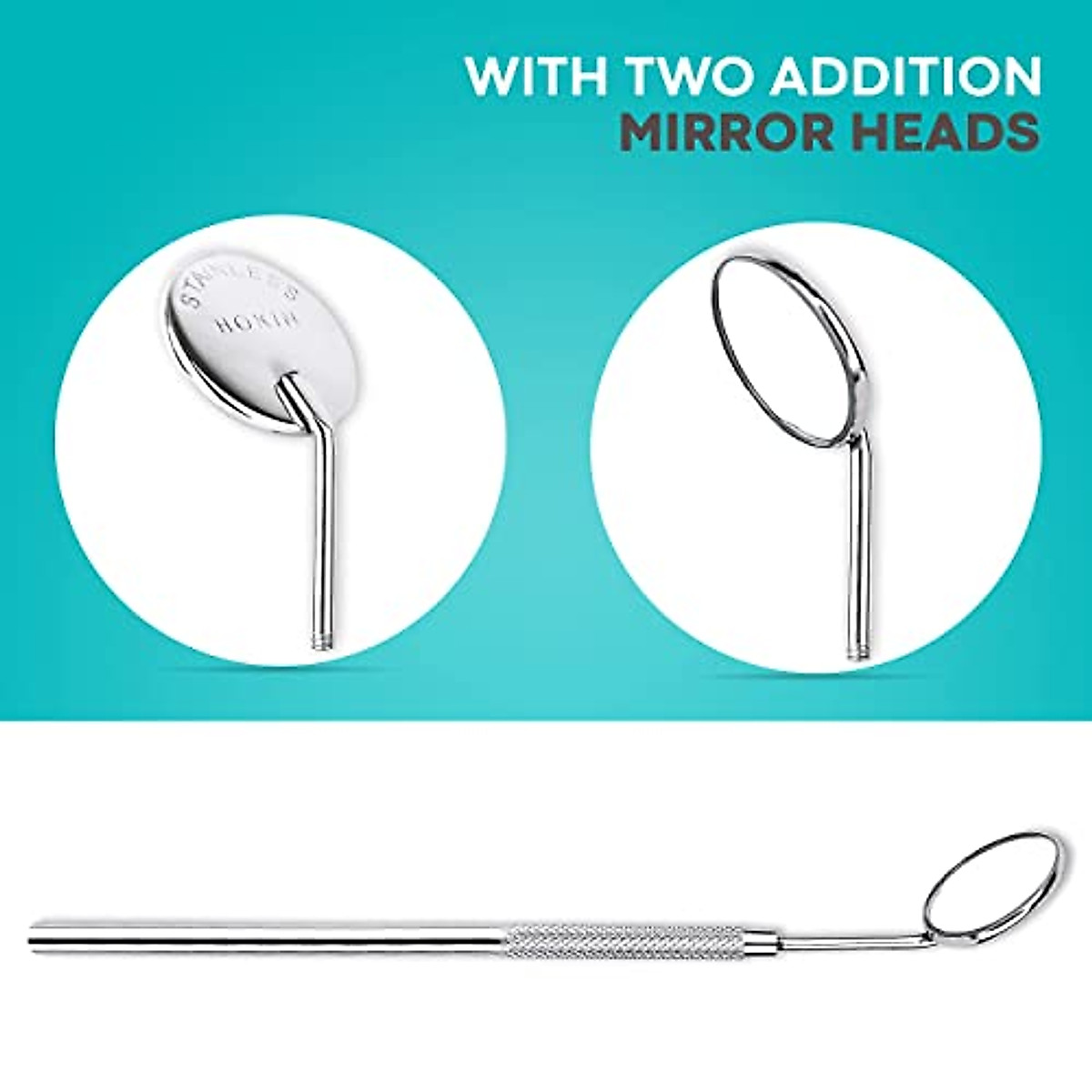 HOKIN Dental Mirror Number 5 Stainless Steel Professional Dentist Mirror with Two Removable Mirror Heads