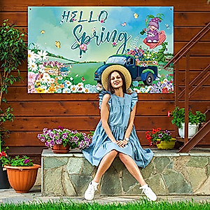 Hello Spring Decorations Spring Easter Photography Banner Gnome Blue Truck Daisy Backdrop Butterfly Flowers Background for Holiday Photo Prop Booth Indoor Outdoor, 43.3'' x 72.8''