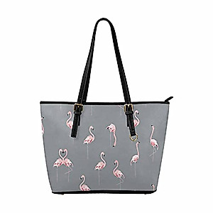 InterestPrint Flamingo Flock on Grey Background Handbags Ladies Purses Shoulder Bags Tote Bag
