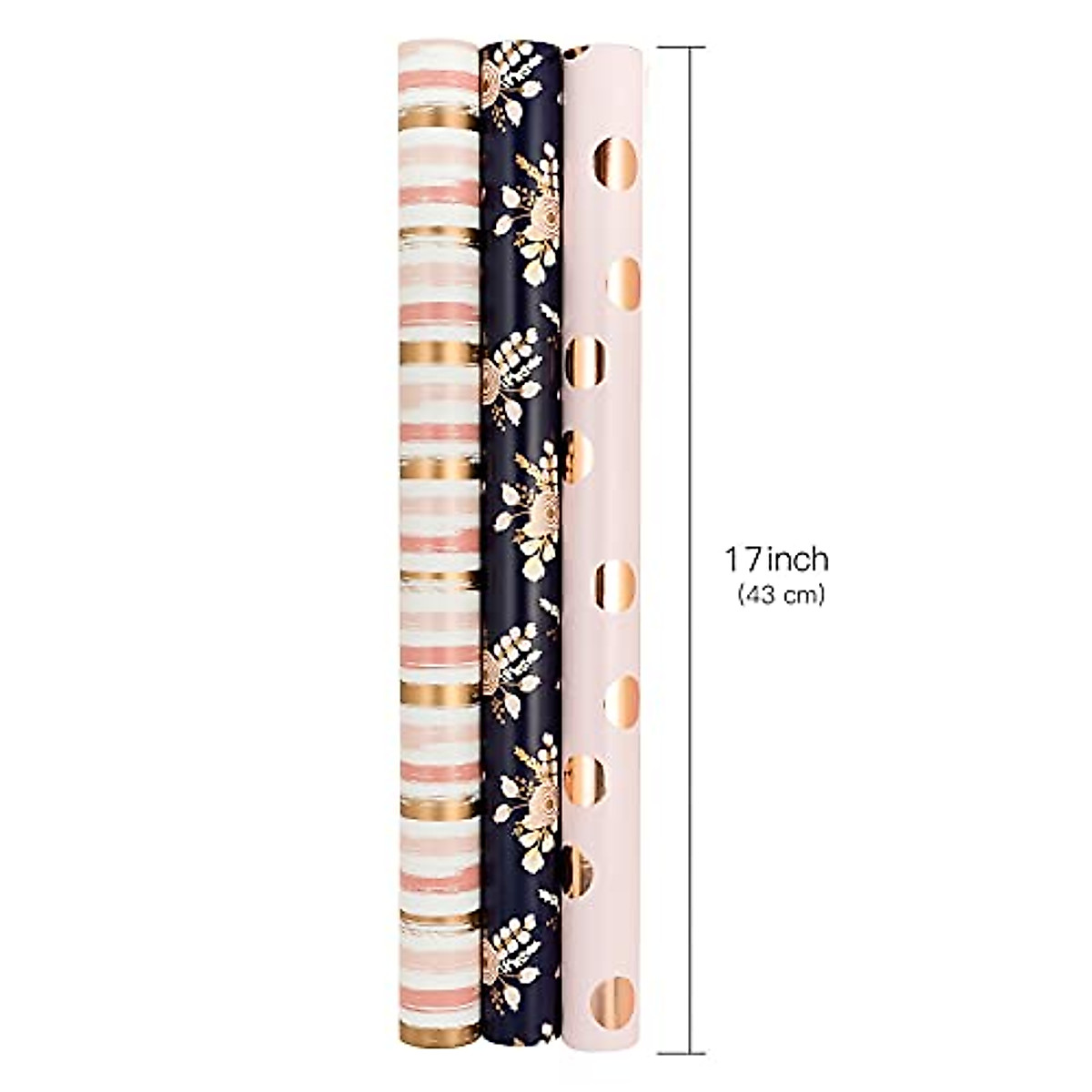 MAYPLUSS Wrapping Paper Roll - Mini Roll - 17 inch X 120 inch Per roll - Pink Polkas Dots, Stripe & Black Floral Design (42.3 sq.ft.ttl)