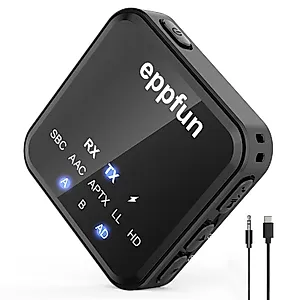eppfun AK3046C Bluetooth 5.2 Transmitter Receiver, Qualcomm aptX-Adaptive/aptX HD/LL, Dual Connection Wireless Audio Adapter with 3.5 mm AUX for TV, PC, Home Stereo System