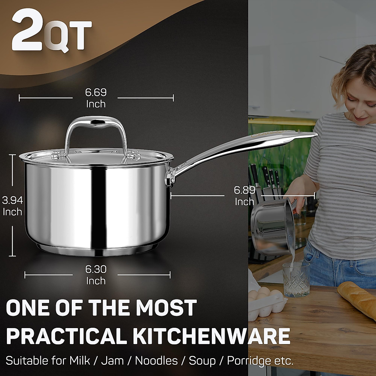Ciwete 2 Quart Sauce Pan with Lid, Tri Ply Stainless Steel Saucepan 2 Qt with Stainless Steel Lid, 2 Measuring Lines, Upgraded Packaging, Cool Ergonomic Handle, Dishwasher & Oven Safe