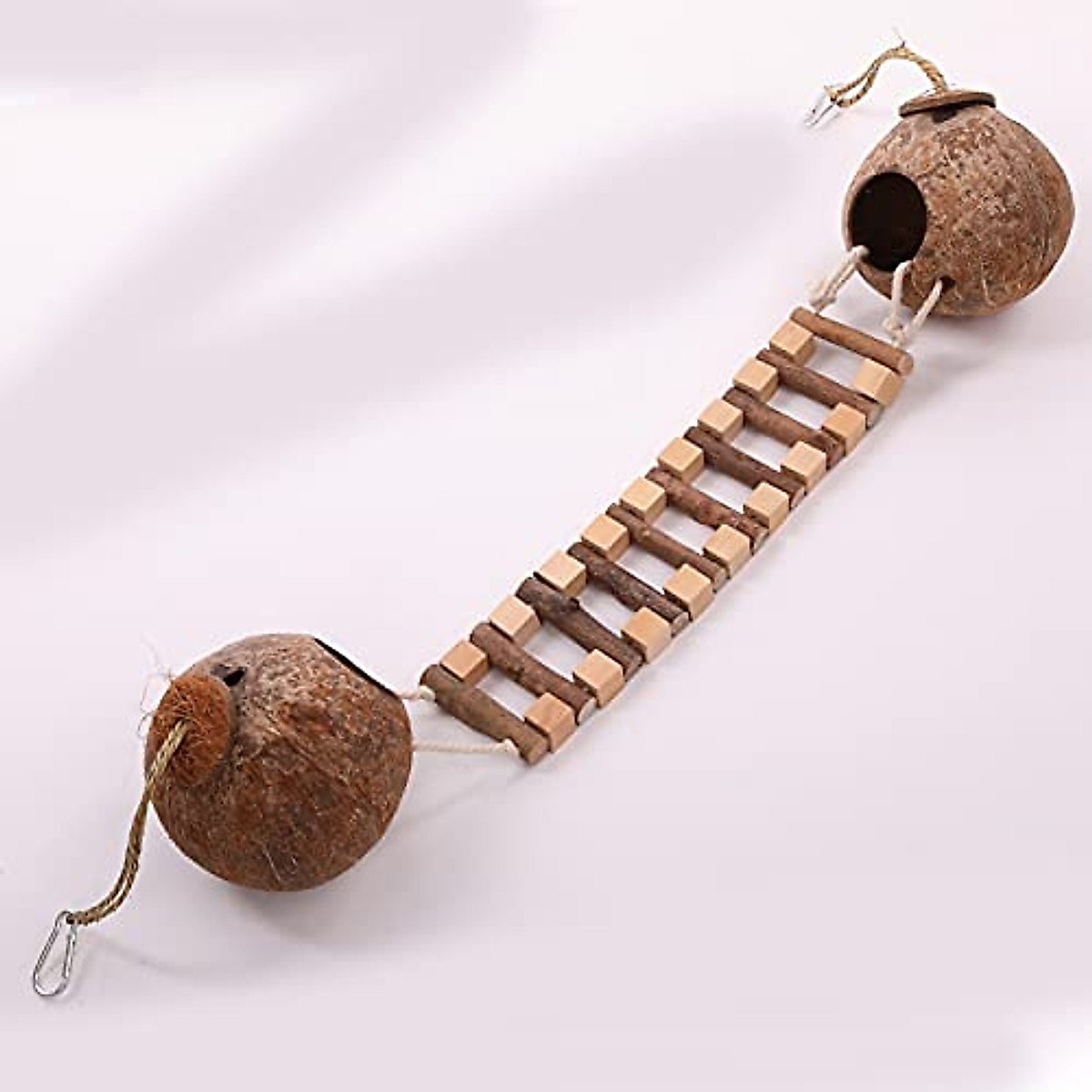 Coconut Bird Nest with Ladder for Parrots Parakeet Conures Lovebird Cockatiel Finch Canary, Small Animals Hideaway Hut, Coconut Shell Bird Cage Toy, Natural Coconut Squirrel House Hanging Loop