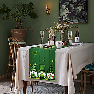 Flyart St Patricks Day Table Runner, Spring Green Gnome Shamrock Decor Table Runners for Kitchen Dining Coffee Home Wedding Parties, Holiday Burlap Table Runners for St Patrick Decor (13x36 inch)