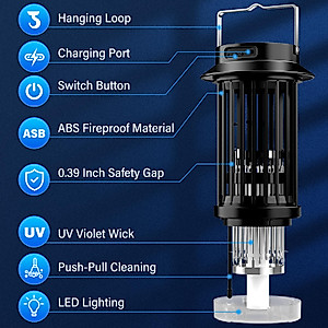 Bug Zapper Outdoor with LED Light, 4200V USB Rechargeable Mosquito Killer Lamp, Electric Fly Trap, Indoor and Outdoor Bug Zapper, Suitable for Home, Backyard, Patio, Camping and Fishing