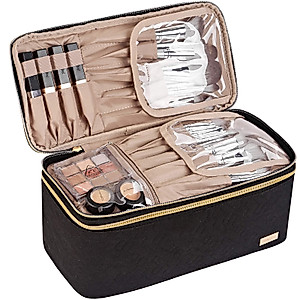 NISHEL Double Layer Makeup Bag Large Travel Cosmetic Case, Makeup Organizer for Lots of Brushes, Portable Toiletry Bag for Women and Girls, Black