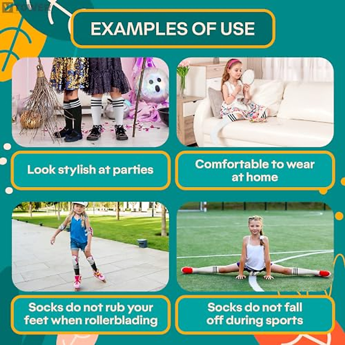 V TOWER 6 Pairs Soccer Socks for Girls Knee High Socks White Soccer Socks Youth Long Socks for Boys Black Socks for Boys 8-10 Years