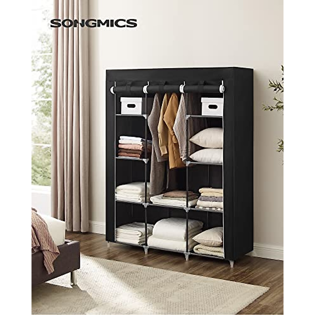 SONGMICS 51-Inch Portable Closet, Wardrobe Storage Organizer with 10 Shelves, Closet System with Hanging Rods and Cover, for Hanging Clothes, Quick and Easy Assembly, Black URYG93BK