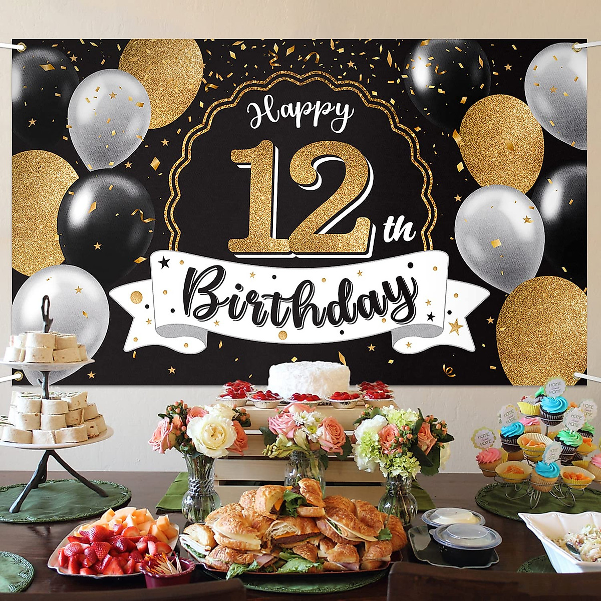 Nelbiirth Happy 12th Birthday Black & Gold Large Photo Banner - Cheers to Twelve Years Old Birthday Home Wall Photoprop Backdrop, 12th Birthday Party Decoration.