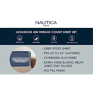 Nautica - Queen Sheets, Cotton Sateen Bedding, 400 Thread Count, Silky Smooth & Wrinkle Resistant (Regatta Navy, Queen)