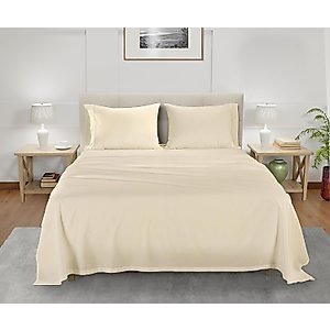 CHATEAU HOME COLLECTION Tencel Eucalyptus Queen Size Sheet Set & Standard Pillows Set of 2 Combo- Ivory Silky Soft Breathable Sheets & White Supportive Soft Pillow Design with Grey Stripes