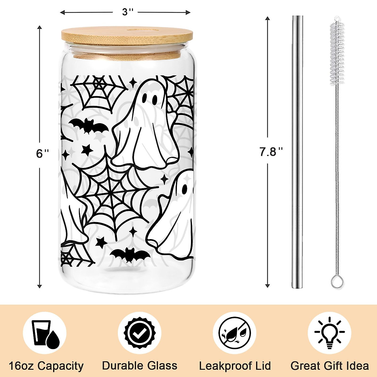 Lovearth 16oz Halloween Ghost Glass Tumbler, Spider Web Halloween Glass Cup with Lid and Straw, Cute Halloween Bats Cup, Spooky Gifts, Boo Basket Stuffers for Women, Gifts for Halloween Lovers
