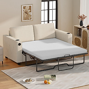 Mjkone Pull Out Sofa Bed, 2-in-1 Convertible Sleeper Sofa Couch with Cup Holders and Memory Foam Mattress,Two Seat Loveseat Sleeper Sofa Bed for Living Room Apartment Small Space, Beige, Full Size