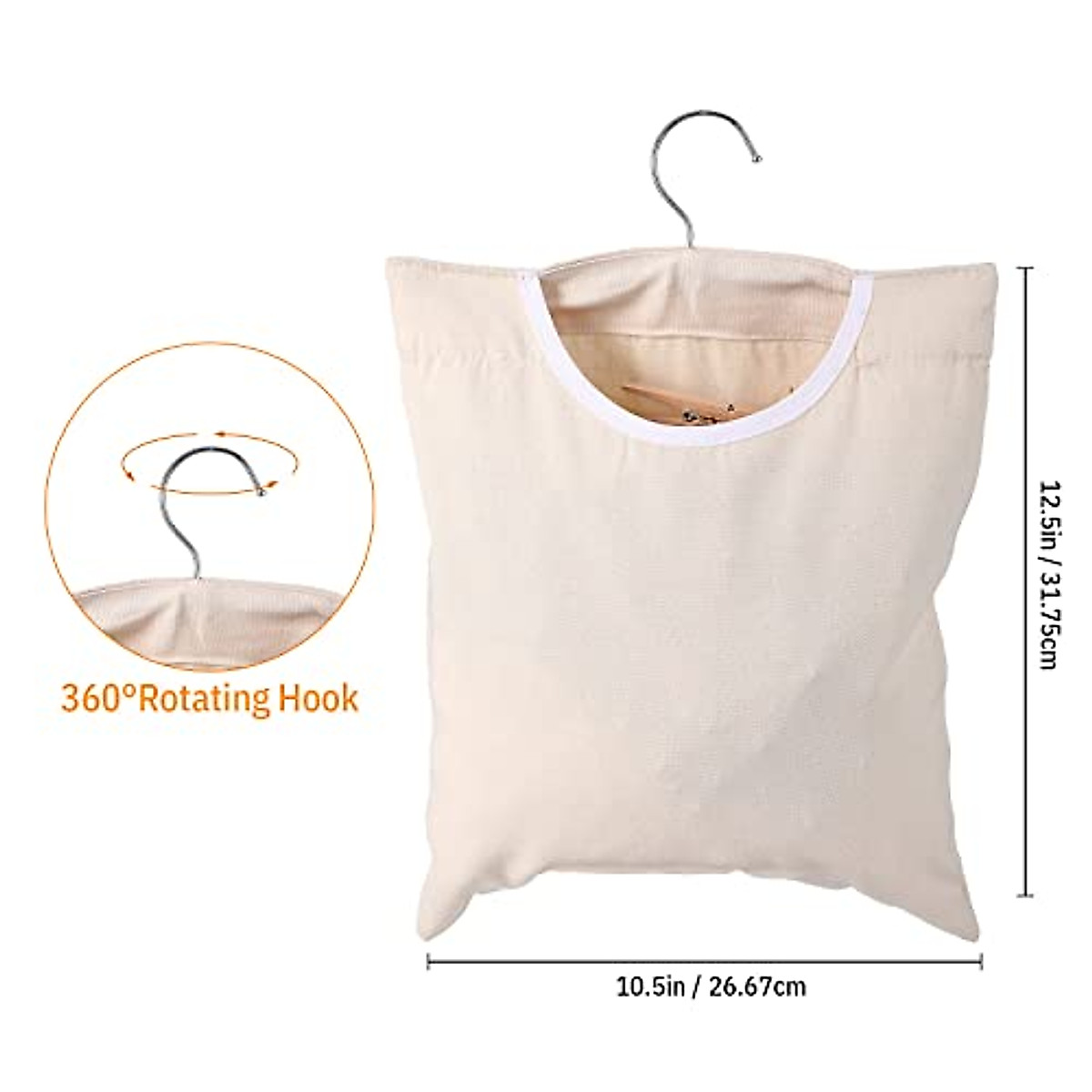 Clothes Pins Bag Holder Laundry Canvas Clothespin Bag with Hanging Hook, 100 Pieces 2.8 x 0.4 Inch Large Wooden Clips Wood Clothespins with Spring for Line-Drying