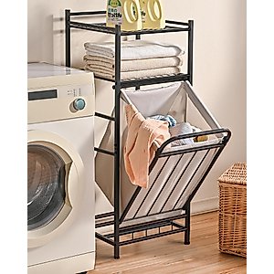 PLKOW Tilt Out Laundry Hamper with Shelf, Laundry Basket Laundry Hamper Cabinet with Removable Liner Bag, 65 Liter, 15.8L x 15.8W x 40H Inch