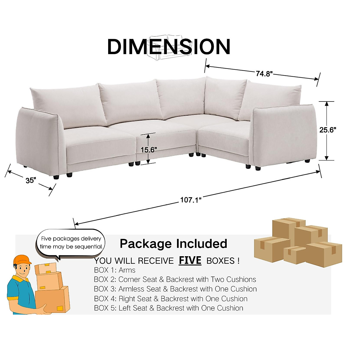 CIMOTA Oversized Corner Modular Sectional Fabric Sofa, 107 Inch Large 4 Seater Sofa Set, L Shaped Corner Sectional Cloud Sofa Couch for Living Room and Office, 3 Seat and 1 Middle Corner, White