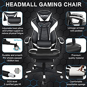 HEADMALL Gaming Chair with Footrest, Office Chair with Lumbar Support and Headrest Height Adjustable Gamer Chair with 360°-Swivel Seat - Black White