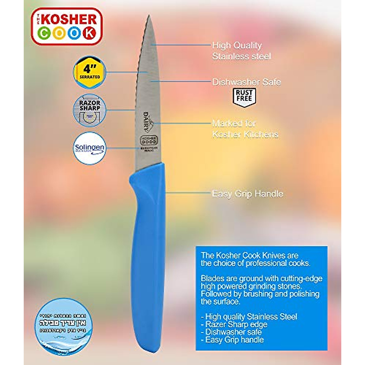 The Kosher Cook Dairy Blue Kitchen Knife - 4” Steak and Vegetable Knife - Razor Sharp Pointed Tip, Serrated Edge - Color Coded Kitchen Tools