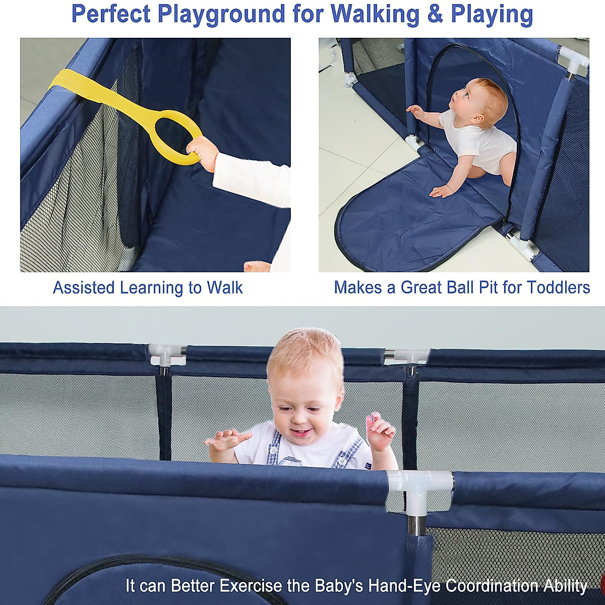 Baby Playpen, Baby Ball Pit with Gate, Safe No Gaps Kids Play Pen Activity Center Play Area w/Breathable Mesh, Non-Slip Suckers, Dark Blue(No Ocean Balls)