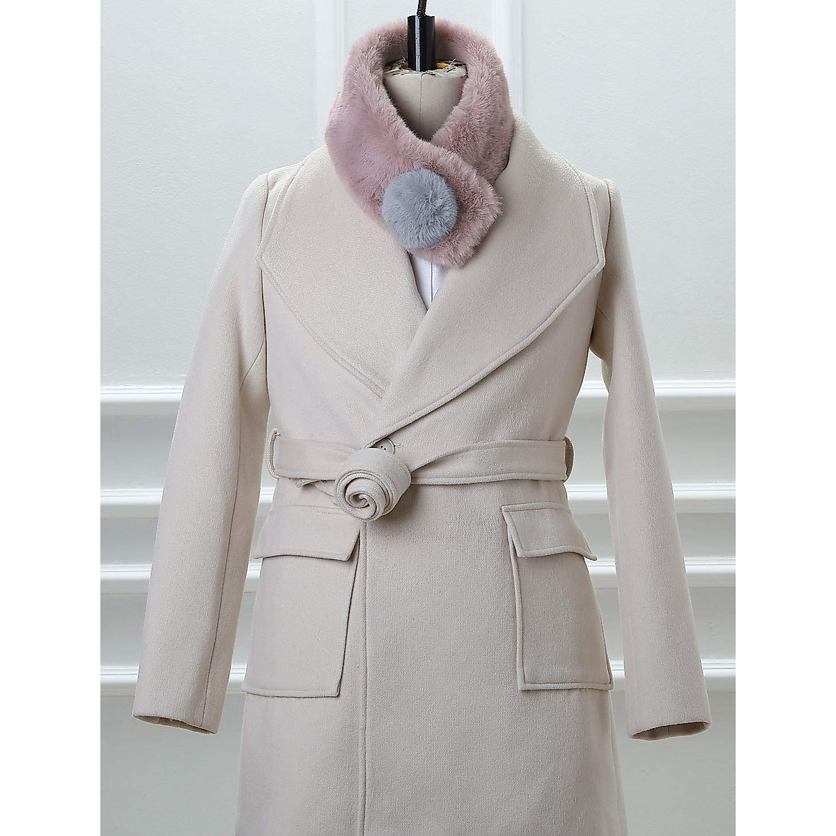 Allegra K Fluffy Faux Fur Hairball Collar Scarf Solid Color Plush Neck Wrap Winter Warmer for Women Pink