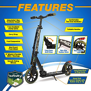 SereneLife Kick Scooter Adult Teenagers Kids- 2 Wheel Kids Scooter with Adjustable T-Bar Handlebar - Alloy Anti-Slip Deck - Portable Folding Scooters for Kids with Carrying Strap - Camouflage