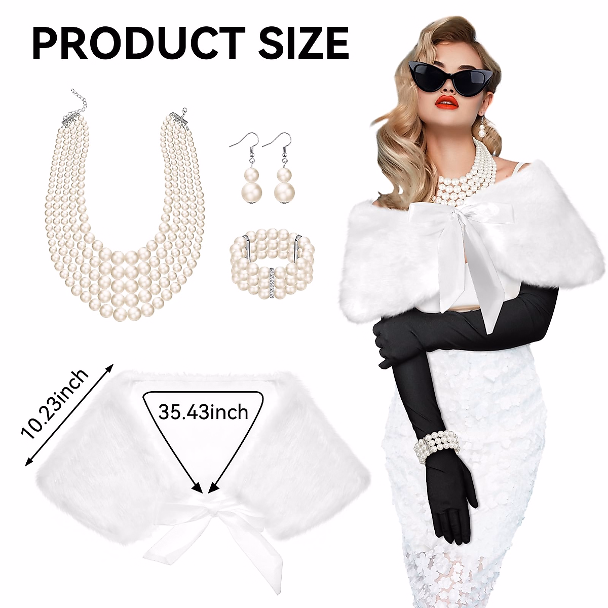 Hoosige 7 Pcs 1920s Flapper Costume Accessory for Women Vintage 1950s Accessory Faux Fur Shawl with Sunglasses Pearl Strand Necklace Tiara Long Black Gloves for Halloween Cosplay Costume