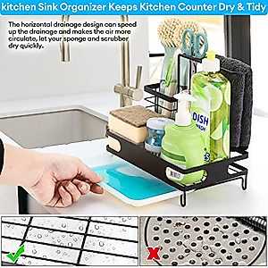 Newruiheng Kitchen Sink Organizer Caddy, Sponge Holder for Kitchen Sink with Drain Pan Tray, Stainless Steel Rust-Proof Brush Basket Shelf Kitchen Organization Rack for Soap, Brush, Dishcloth (Black)