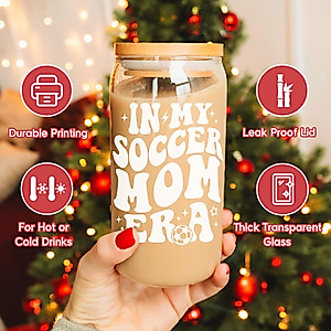 Fairy's Gift Soccer Mom Iced Coffee Cup, Soccer Mom Gifts, 16 oz Coffee Glass Cups with Lids Straws, Soccer Mom Essentials - Soccer Mom Era - Christmas, Birthday Gifts for Soccer Mom, Football Mom