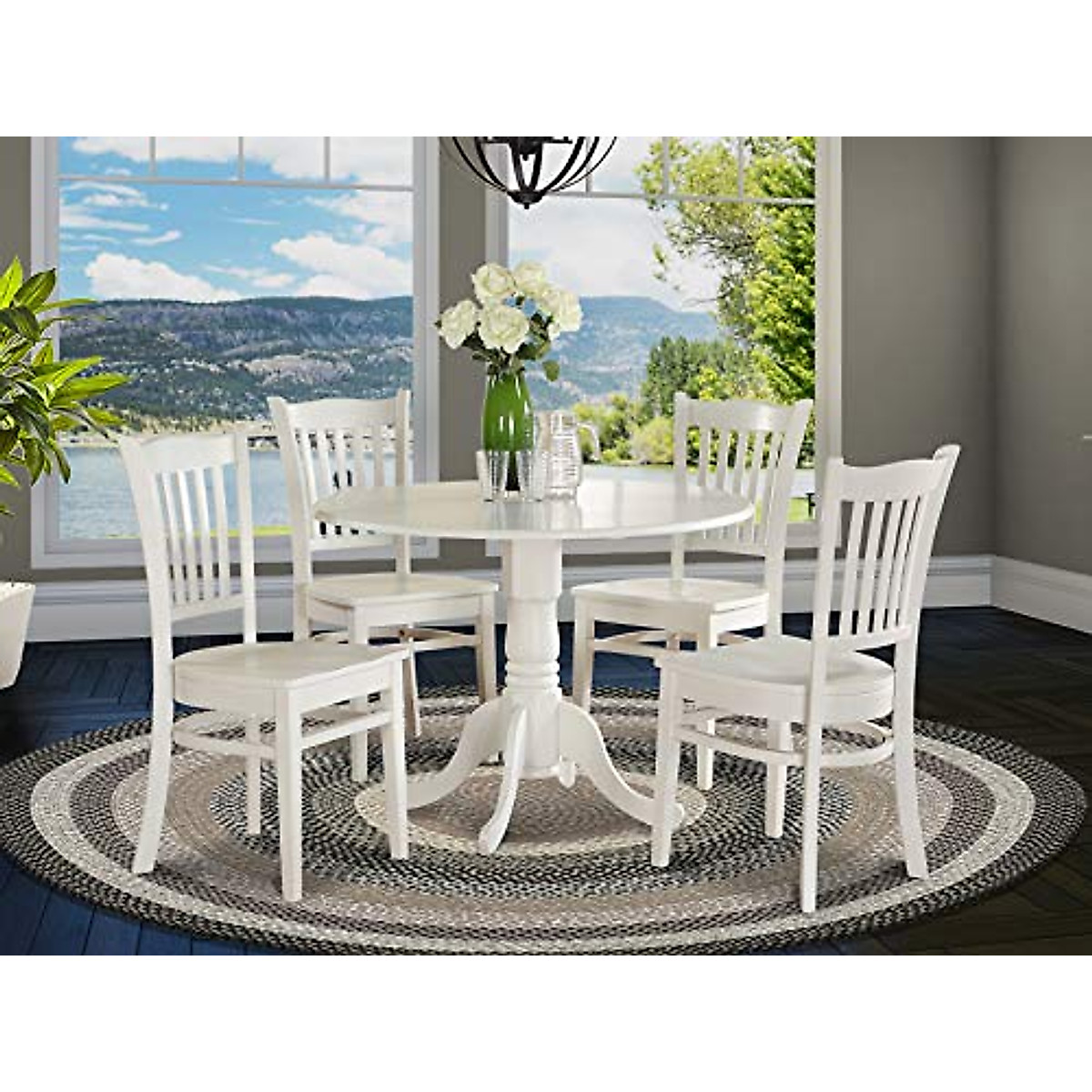 East West Furniture Dublin 5 Piece Kitchen Table & Chairs Set Includes a Round Room Table with Dropleaf and 4 Dining Chairs, 42x42 Inch, Linen White