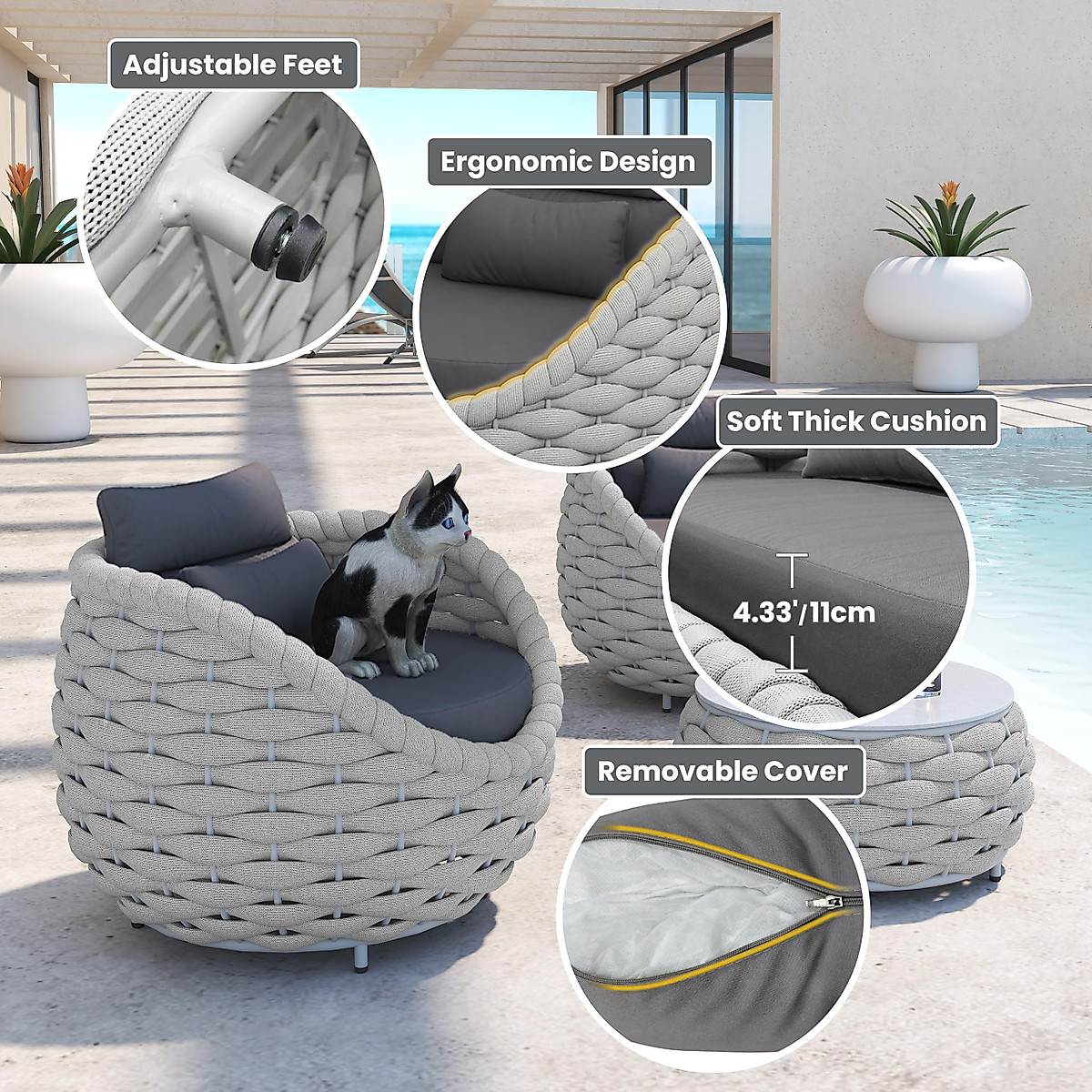 ercimi Aluminum Patio Sofa Outdoor&Indoor Single Sofa,All-Weather Wove Patio Chair, Single Armchair Patio Seating with Soft Cushion for Balcony Garden